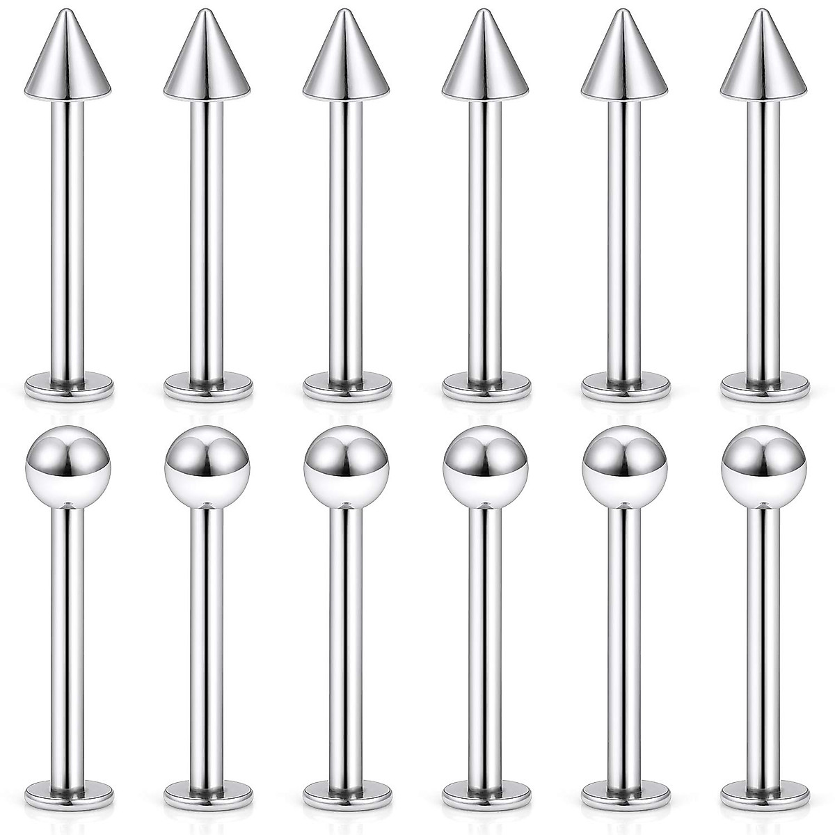 SCERRING 12PCS 16g Stainless Steel 3mm Balls & Spikes Labret Monroe Lip Tragus Cartilage Helix Earring Ring Body Piercing Jewelry 10mm - Silver
