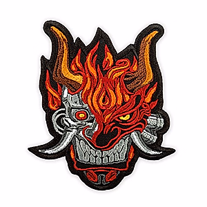 Cyberpunk Oni Demon Patch, Small Embroidered Game Emblem for Cosplay Costume, Iron On 3.3 x 3.7 inches