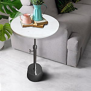Benjara Aluminum Frame Round Side Table with Marble Top and Adjustable Height, White and Silver