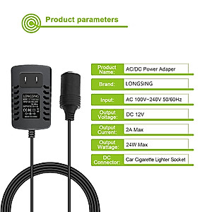 12V Power Supply AC to DC Converter Wall Plug to Car Cigarette Lighter Power Adapter, 110V-240V to 12V Current 2A Max Power 24W Max for Car Shaver Camera Speaker Echo at Home and Hotel, etc