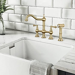 WOWOW Brass Kitchen Faucet Bridge with Side Sprayer, 4 Hole Kitchen Faucet 2 Handle 8 Inch Centerset Gold Faucet for Kitchen Sinks, Heritage Brushed Gold Kitchen Sink Faucet