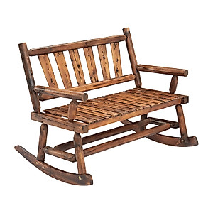FURNDOOR Outdoor Wooden Rocking Double Chair, Rustic Log Porch Rocking Bench Rocker Chair for Patio, Backyard, Garden (2-Seat), Brown