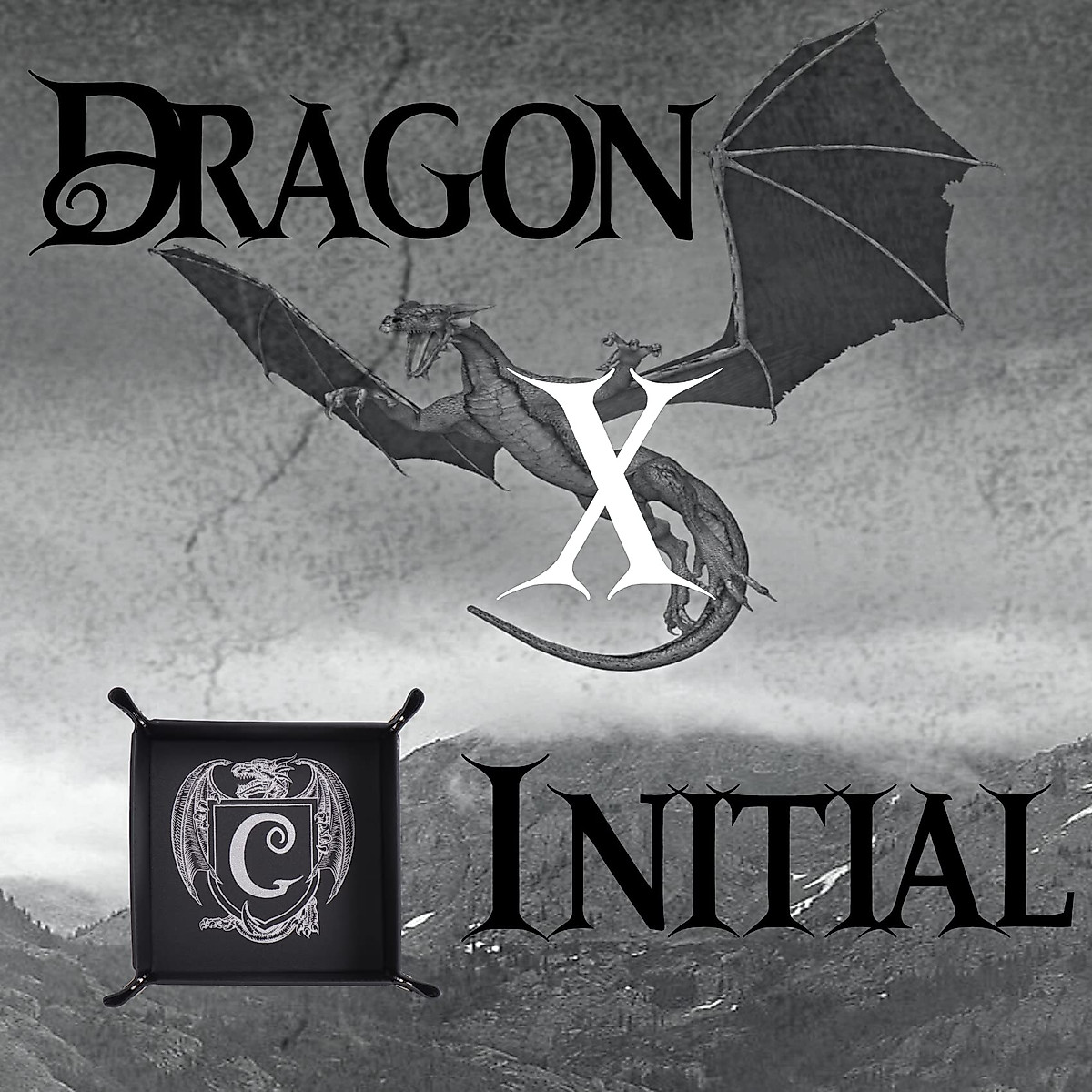 Dragon Dice Tray for RPG, Role Play Games, Table Top Gaming, Folding PU Storage Tray, Initial Leather Tray, Personalized Portable Organizer, Tray 4.75 Inches, Black Dragon Letter C