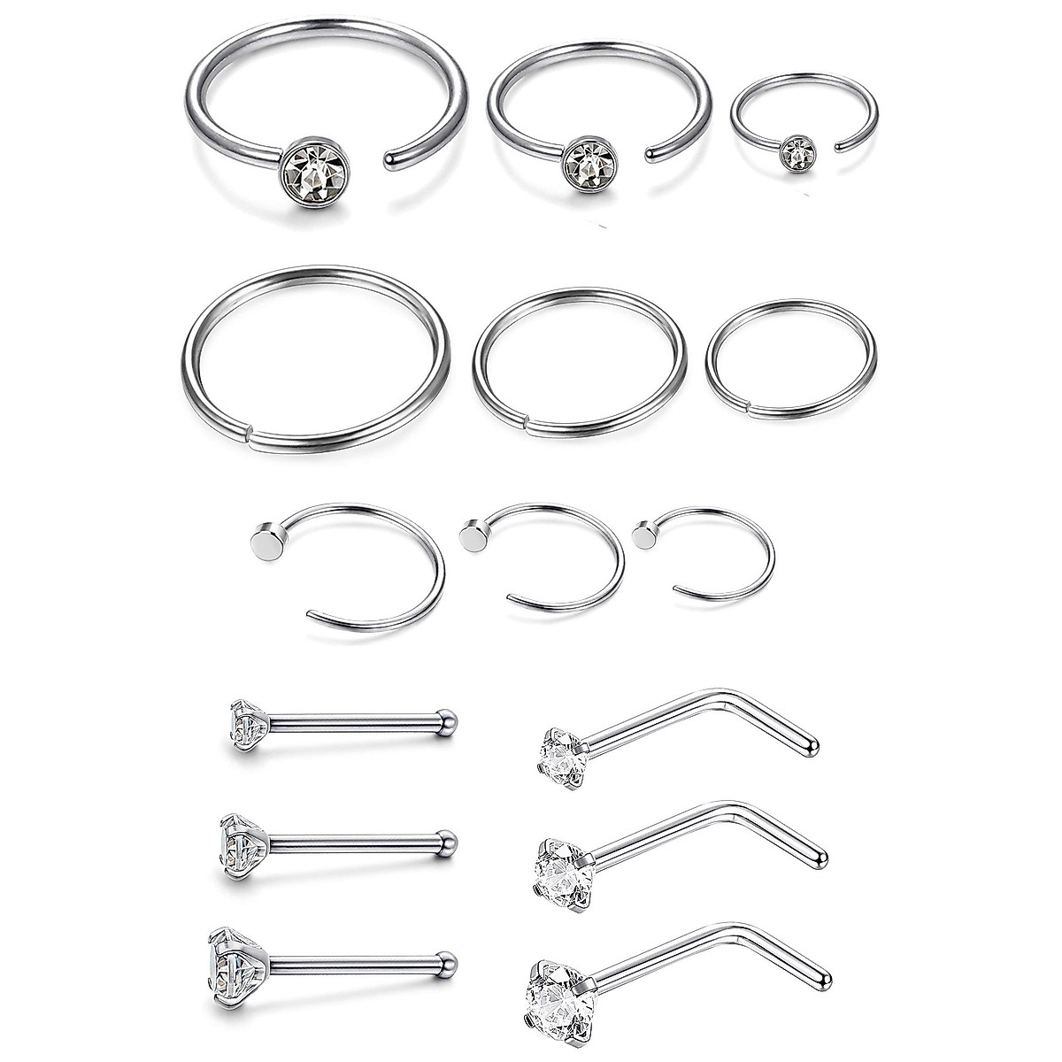 Jstyle 20G 15Pcs Stainless Steel Nose Rings Studs for Women Men Hoop Piercing Body Jewelry
