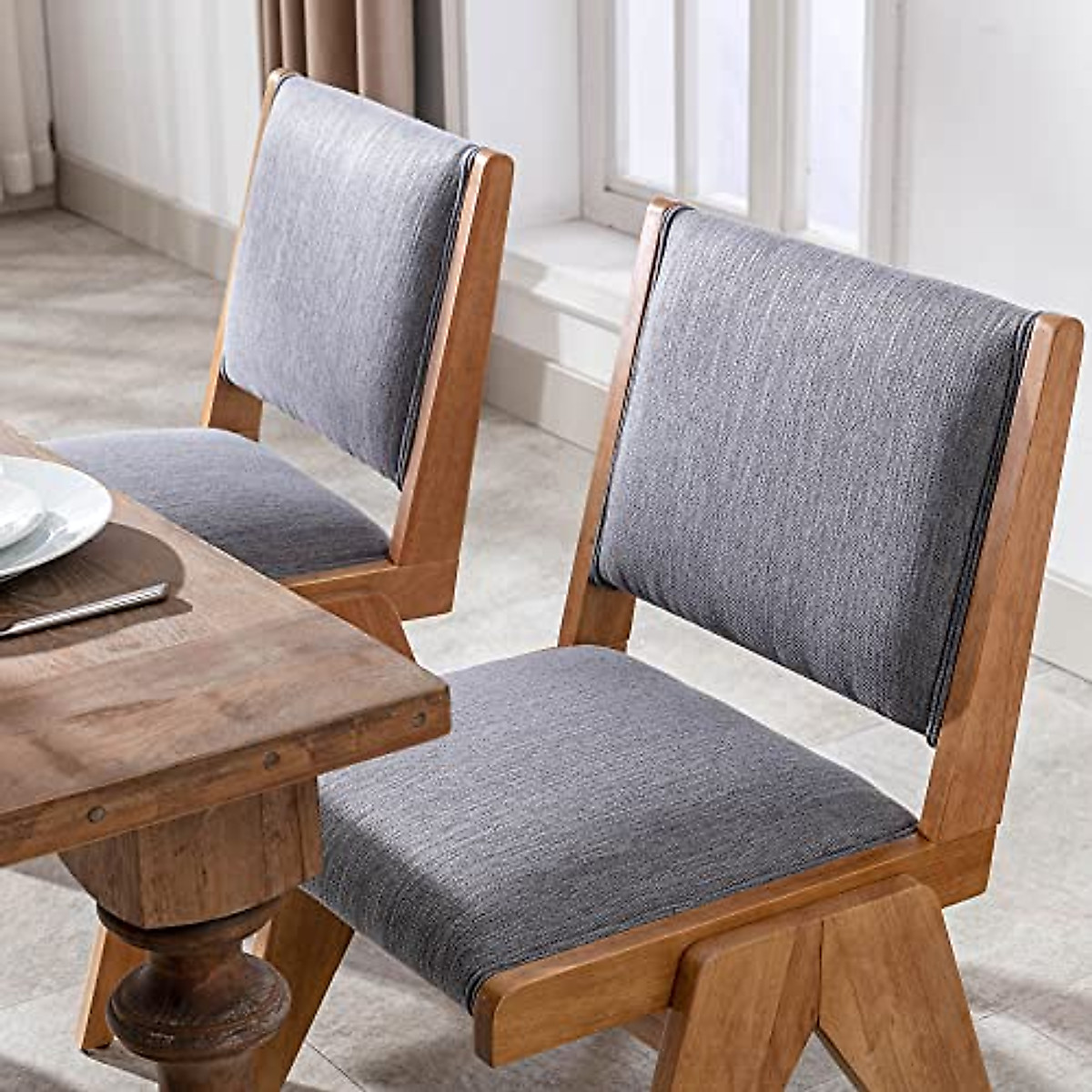 VESCASA Upholstered Dining Chairs with Wood Legs, Linen Mid-Century Modern Padded Dining Chairs with Cushion Back for Dining Room, Kitchen, Set of 2, Grey