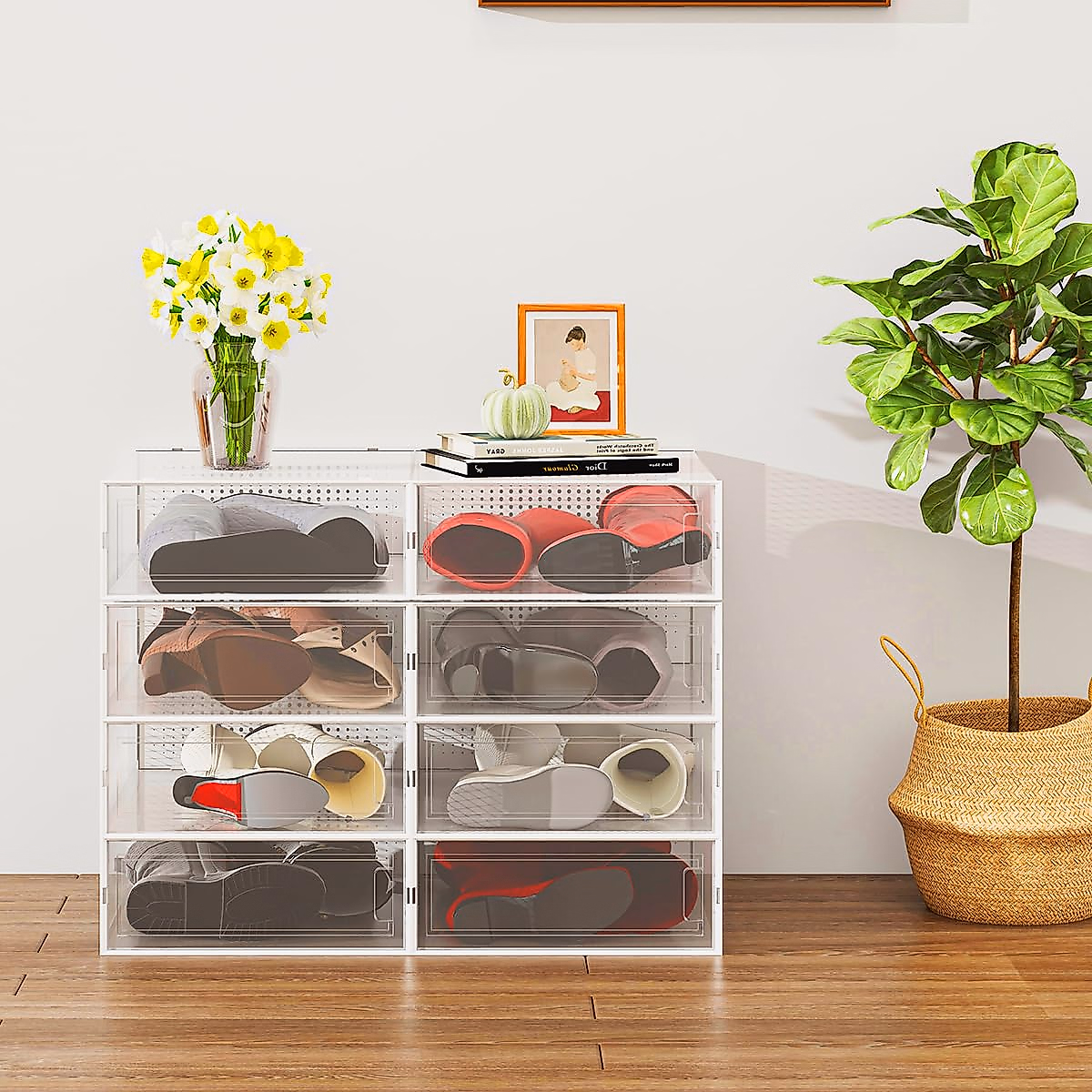 WAYTRIM Stackable Boots Storage Box, 8 Pack Stackable Boots Organizer and Storage Boots Box, Under Bed Boot Storage, 20.5" x 11.8" x 5.5" - Clear White