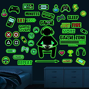 Gamer Wall Decals Stickers Glow in The Dark Wall Decals Game Wall Stickers Gaming Controller Wall Decals Game Room Decor Video Game Decal for Boys Kids Girls Bedoom Playroom Wall Decor… (Green)