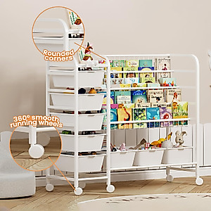 EXPERLAM Kids Bookshelf with Toy Storage Organizer, 48 Inch Large Metal Kids Book Rack with 8 Toy Storage Bins, 2-in-1 Toy and Book Organizer with Wheels, Book Shelf for Kids Room, Nursery, Playroom