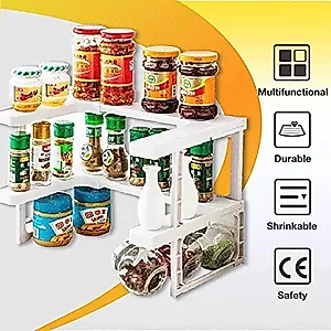 Deluxe Stackable Spicy Storage Shelf Adjustable Expandable Seasoning Spice Rack Pantry Cabinet Organizer Kitchen Shelves White