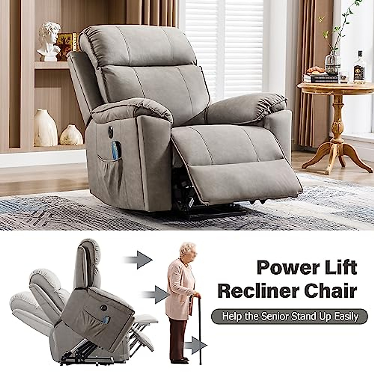 Phoenix Home Large Power Lift Chair with Massage and Heat for Elderly Recliner, Brown