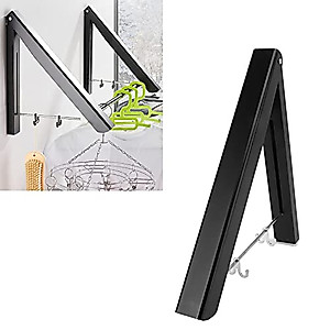 Folding Clothes Drying Rack, Retractable Clothes Hanger Rack Reinforced Aluminium Easy Installation Wall Mounted with Removable Hooks for Tile (Black)