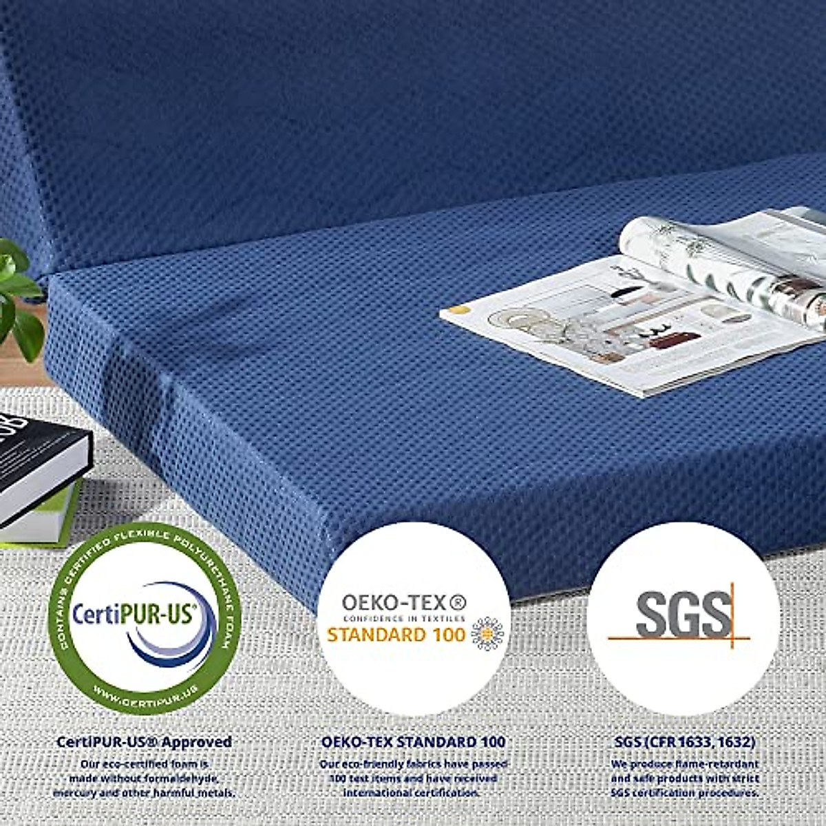 Olee Sleep 4 Inch Tri Folding Memory Foam Topper Blue, Cot