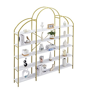 Merax Bookshelf 5 Tiers Bookcase, Gold Display Shelf Organizer with X Bar Frame, Crown-Shaped Design, White