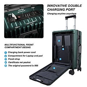 DwanNuts Carry On Luggage with Cup Holder and Usb Port, Aluminum Frame, Front Compartment, TSA Lock, 22x14x9 Airline Approved Hardside Suitcase with Spinner Wheels(Dark Green, 20-lnch)