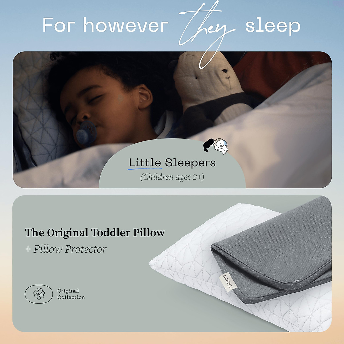 Coop Home Goods Original Adjustable Toddler Pillow and Ultra-Tech Waterproof Protector Grey Bundle, Breathable Mini Pillow for Kids with Adjustable Support and Premium Memory Foam