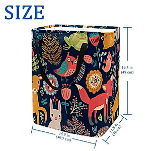 Forest Animals Owl Hedgehog Deer Fox Rabbit Print Collapsible Laundry Hamper, 60L Waterproof Laundry Baskets Washing Bin Clothes Toys Storage for Dorm Bathroom Bedroom