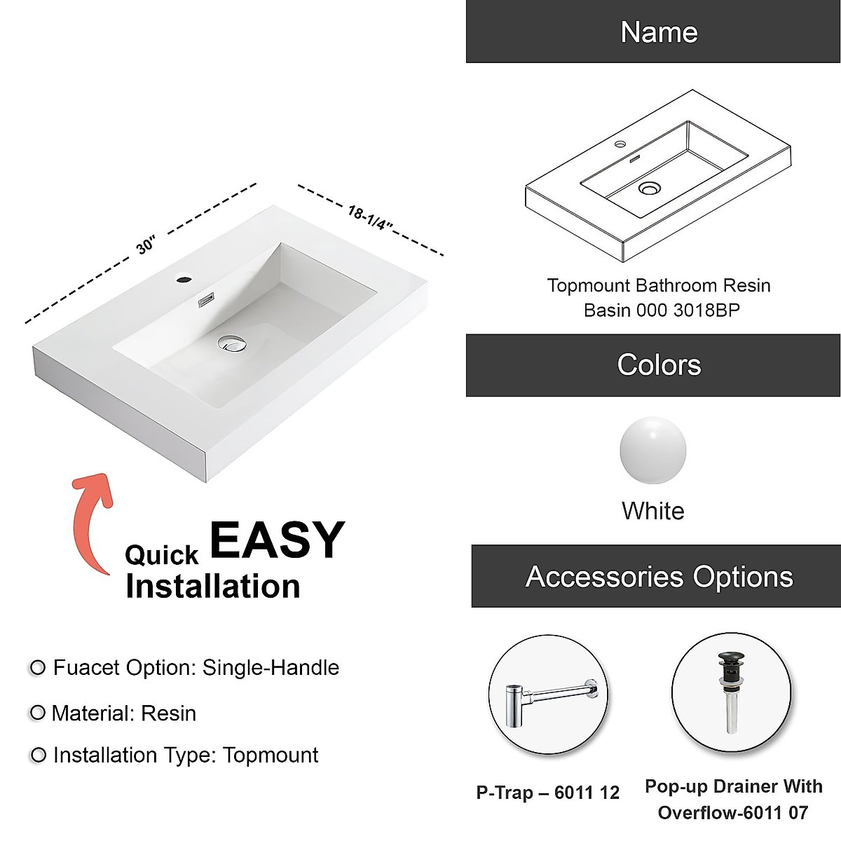 Dowell 30" Bathroom Sink,Single Bowl Vanity Basin,Rectangular Drop-In Bathroom Sink with Overflow,White-000 3018BP