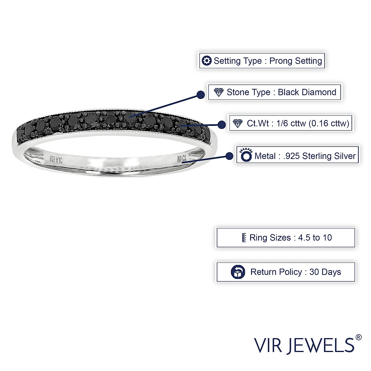 Vir Jewels 1/6 cttw Black Diamond Wedding Band in .925 Sterling Silver with Milgrain Size 8.5