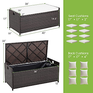Tangkula 34 Gallon Outdoor Storage Bench with Seat Cushion, Patio Mix Brown Wicker Deck Box with Waterproof Liner and Side Handles, Outdoor Storage Bench for Cushions, Garden Tools, Pool Accessories