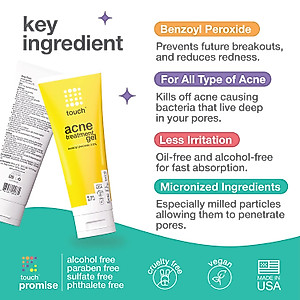 Touch Benzoyl Peroxide 2.5% Gel Cream For Acne - Pimples and Cystic Acne Spot & Daily Face and Back Medication for Adults & Teens – Goes on Clear Lightweight & Non-Drying - Large 8 oz.