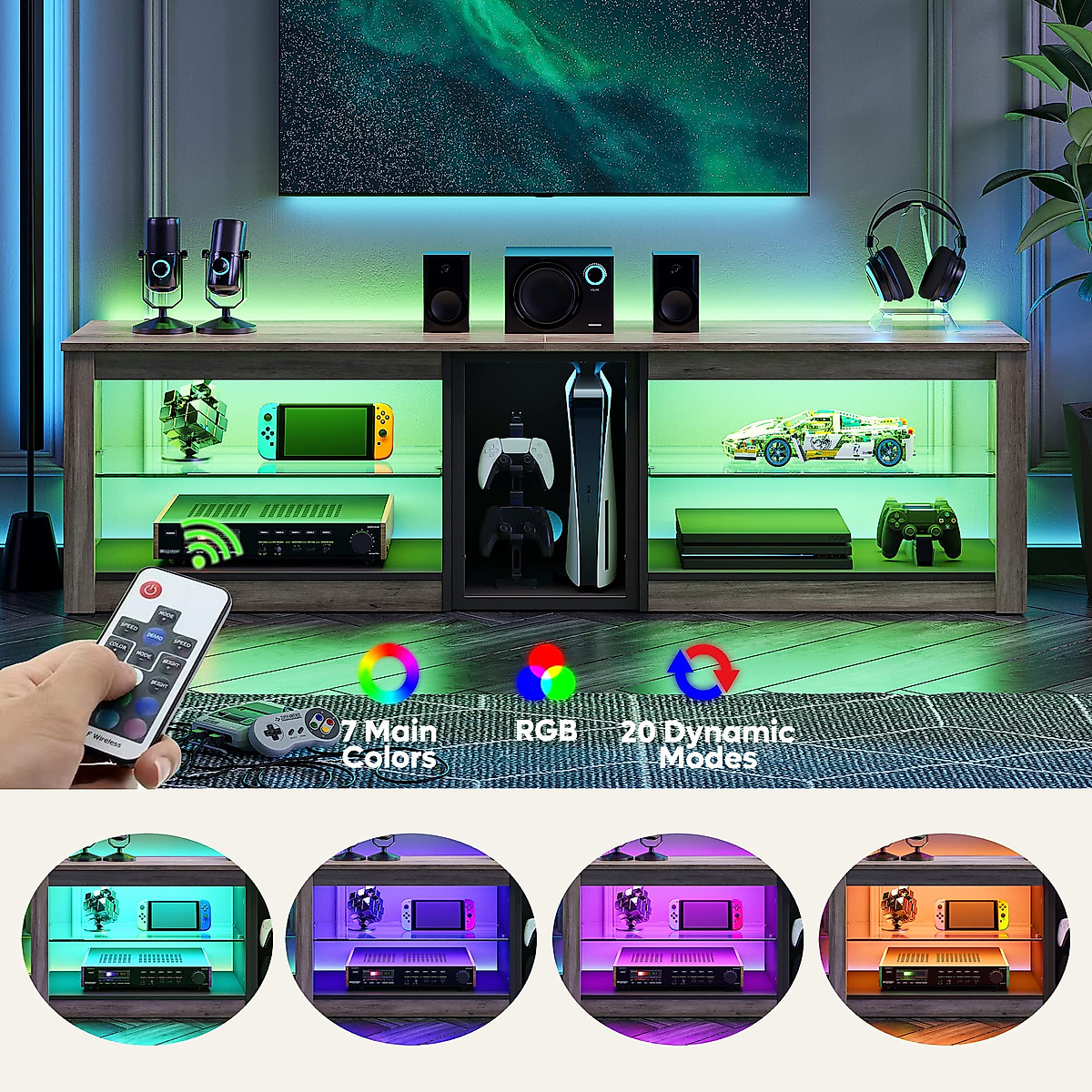 Bestier TV Stand for 70 inch TV, Gaming Entertainment Center for PS5, LED TV Cabinet with Glass Shelves for Living Room, 63'' Inch, Grey Wash