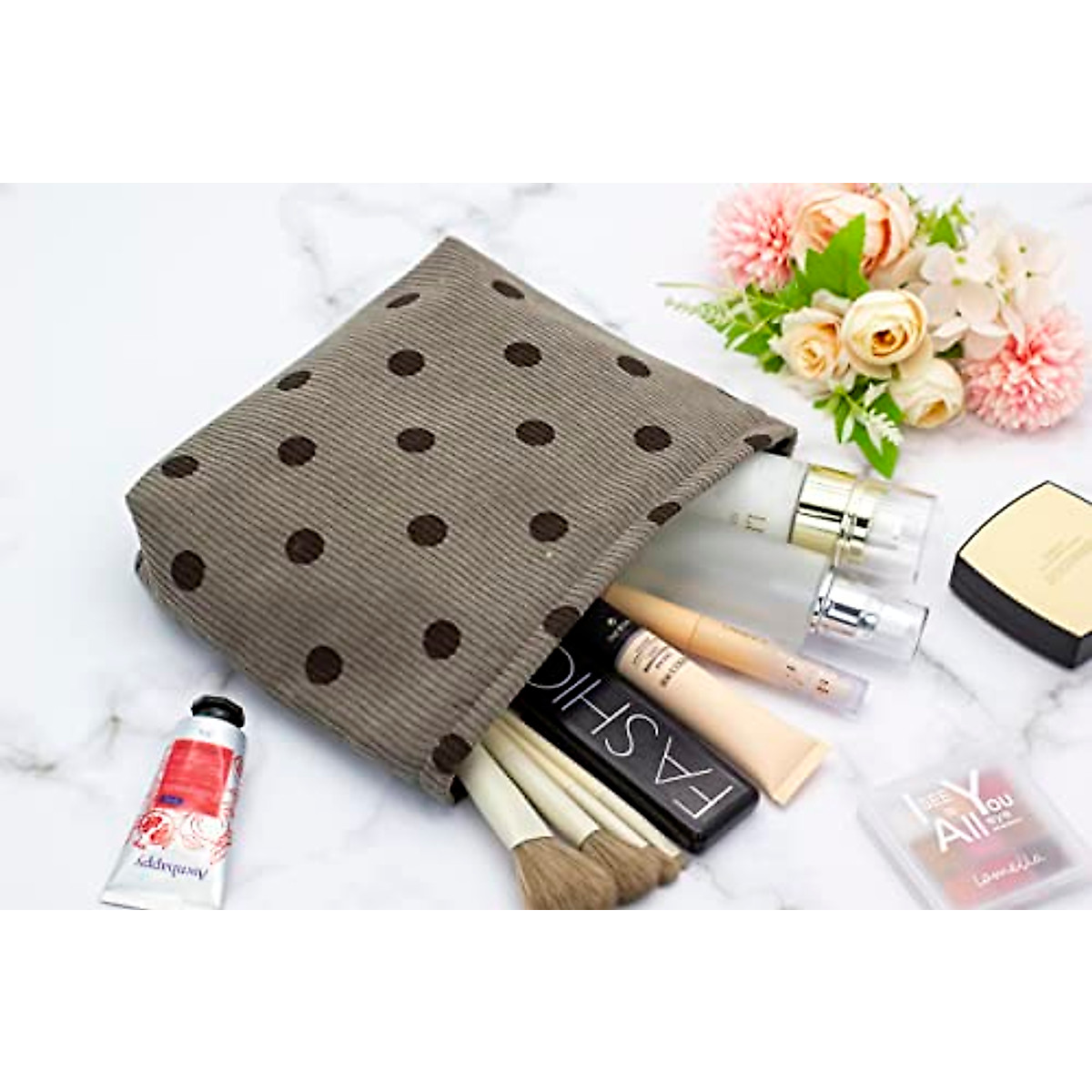PAZIMIIK Makeup Bag Large Zipper Corduroy Make Up Pouch for Purse Travel Canvas Cosmetic Organizer for Women Brush Storage,Polka Dot Grey