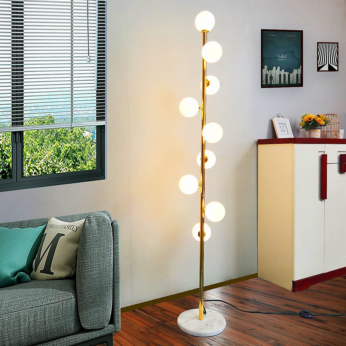 beaysyty Modern Simplicity Floor Lamp for Office Cafe Den Living Room Bedroom, On/Off Foot Switch, White Glass Ball Lampshade and Golden Metal Lamp Body - 9 Bulbs Included