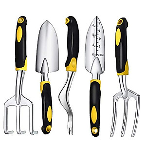 MorTime Set of 5 Garden Tool Set, Aluminum Gardening Work Kit with Soft Rubber Ergonomic Handle Hand Tools Succulent Tool Set Outdoor Gardening Tools