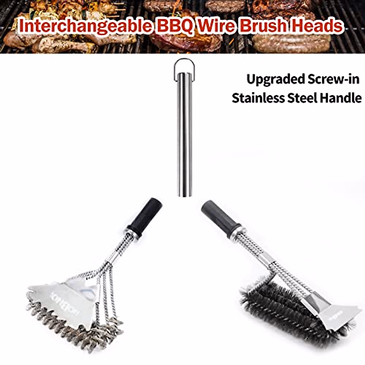 Grill Brush for Outdoor Grill, NOBNOI 2 in 1 Stainless BBQ Grill Brush Kit, Safe Bristle Free Brush with Scraper, BBQ Accessories with Replaceable Heads, Grill Cleaning Kit for All Grill Grates
