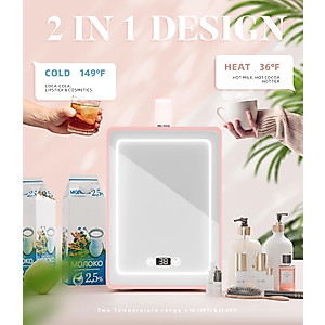 BOGDA 4L Mini Skincare Fridge with Dimmable LED Light Mirror, Cooler and Warmer Temperature Control Digital Display, Portable Cosmetic Refrigerator for Makeup, Skin Care, Bedroom Office Car, Pink