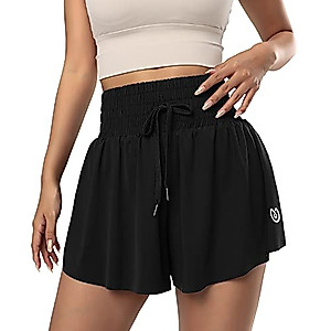 High Waisted 2 in 1 Flowy Butterfly Running Shorts, Women Athletic Shorts with Pockets Gym Yoga Tennis Shorts Teen Girls-(Black,XL)