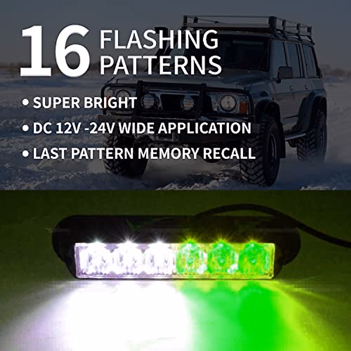 FXC 2pack Ultra Slim 6-LED Flashing Strobe Lights for Truck Car Vehicle LED Grille Light Emergency Beacon Caution Hazard Warning Lights Green/White