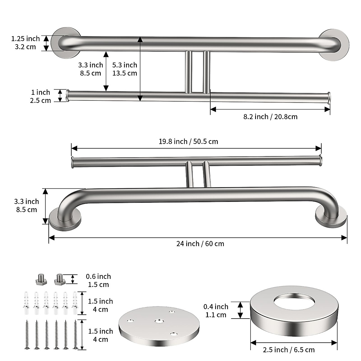 Brushed Nickel Double Toilet Paper Holder w/Safety Bar 24 inch, Zepolu 2-in-1 Assist Bar Balanced Support Handle, Stainless Steel Wall Mounted Bathroom Toilet Grab Bar for Senior Elderly Handicap