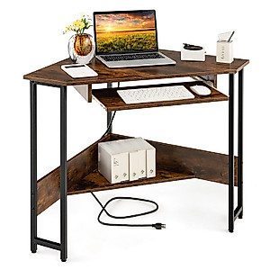 Giantex Corner Desk with Power Outlets, Small Corner Computer Desk with Keyboard Tray & Storage Shelf, Corner Office Desk for Small Space, Triangle Workstation for Home Office, Living Room, Bedroom