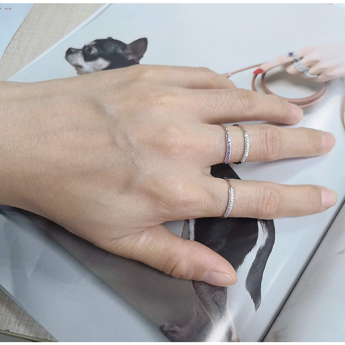 Luolife 1mm Rings for Women Sterling Silver Tiny Simulated Diamond Band Chirstmas Thanksgiving Valentine's Day Gifts Jewelry Size 6.5