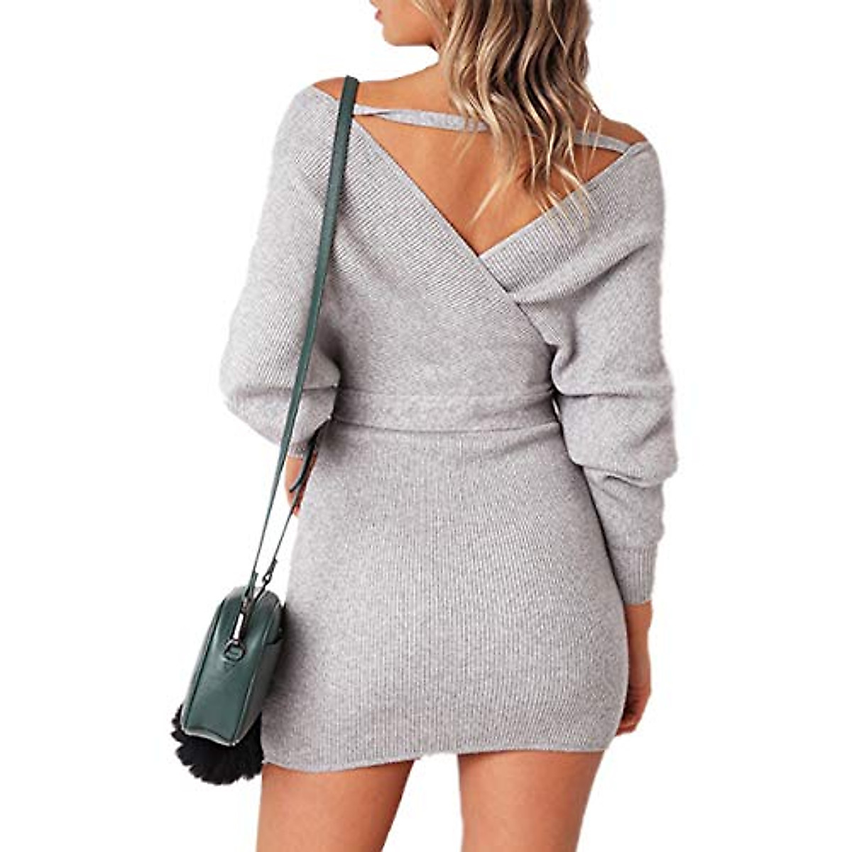 Zonsaoja Women's Sweater Dress Sexy V Neck Long Sleeve Backless Wrap Knitted Mini Dresses Grey S