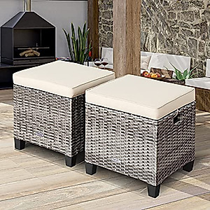 Tangkula 2 Pieces Patio Rattan Ottomans, Outdoor Wicker Footstool Footrest Seat with Soft Cushions and Steel Frame, All-Weather Patio Ottoman Set for Backyard Garden Poolside (White)