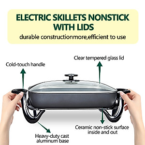 Electric Skillets Nonstick 16-Inch Extra-Large with Lids - Deep Electric Frying Pan, Adjustable Temperature, for Roast Fry Grill Stew Bake Make Casseroles and More, Black