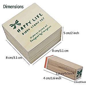 Wooden Rubber Stamps，Youkwer 25 Pcs Mini Cute DIY Diary Stamps Set with Wooden Box （Happy Life,Set of 25）