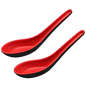Cionyce 2PCS Asian Soup Spoons, Chinese Japanese Miso Ramen Wonton Dumpling Pho Rice Noodle Soba Soup Spoons, Red and Black Melamine Spoons