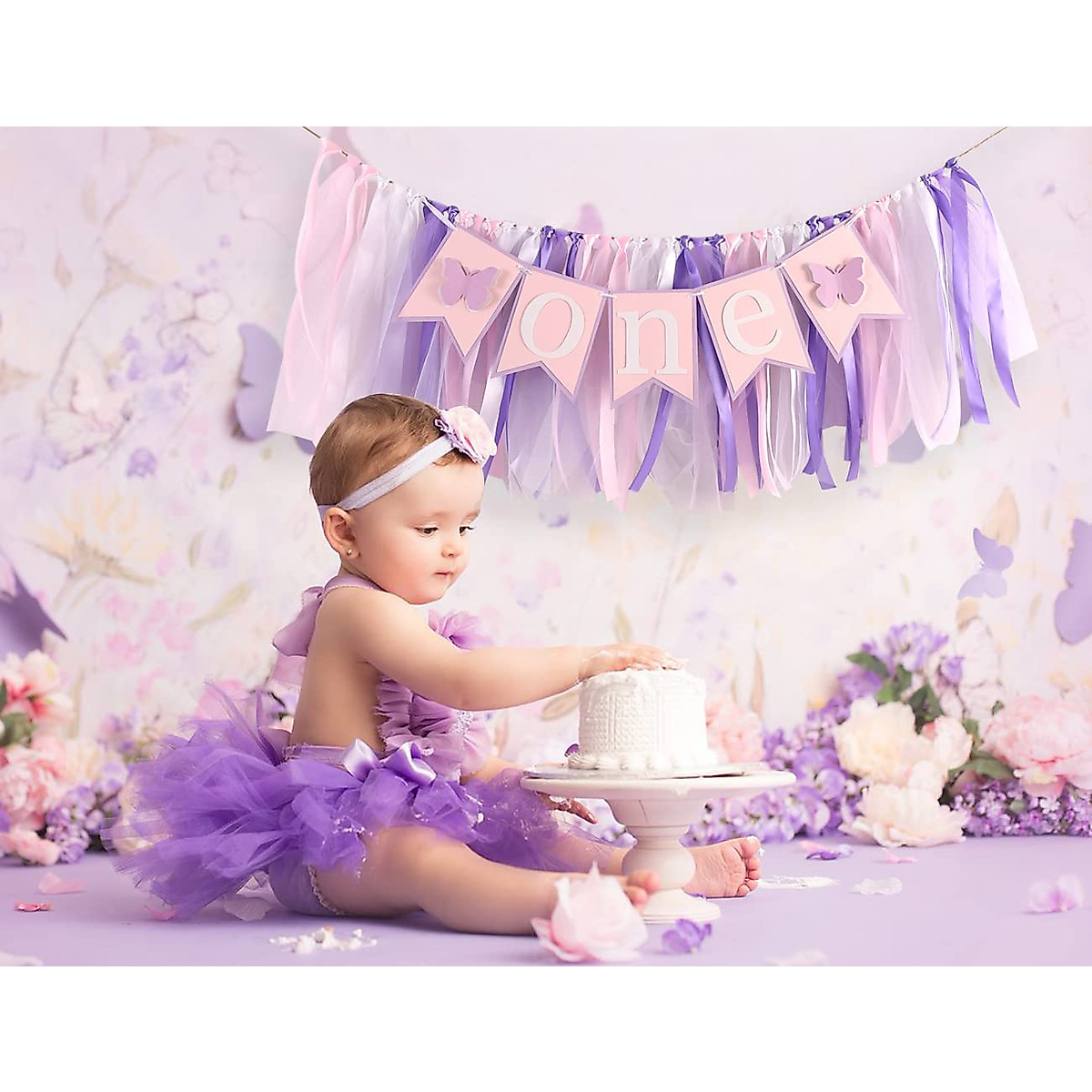 Butterfly One Birthday Highchair Banner - First Birthday Highchair Banner，one High Chair Banner，1st Birthday High Chair Banner，one Party Decoration Photo Props Cake Smash