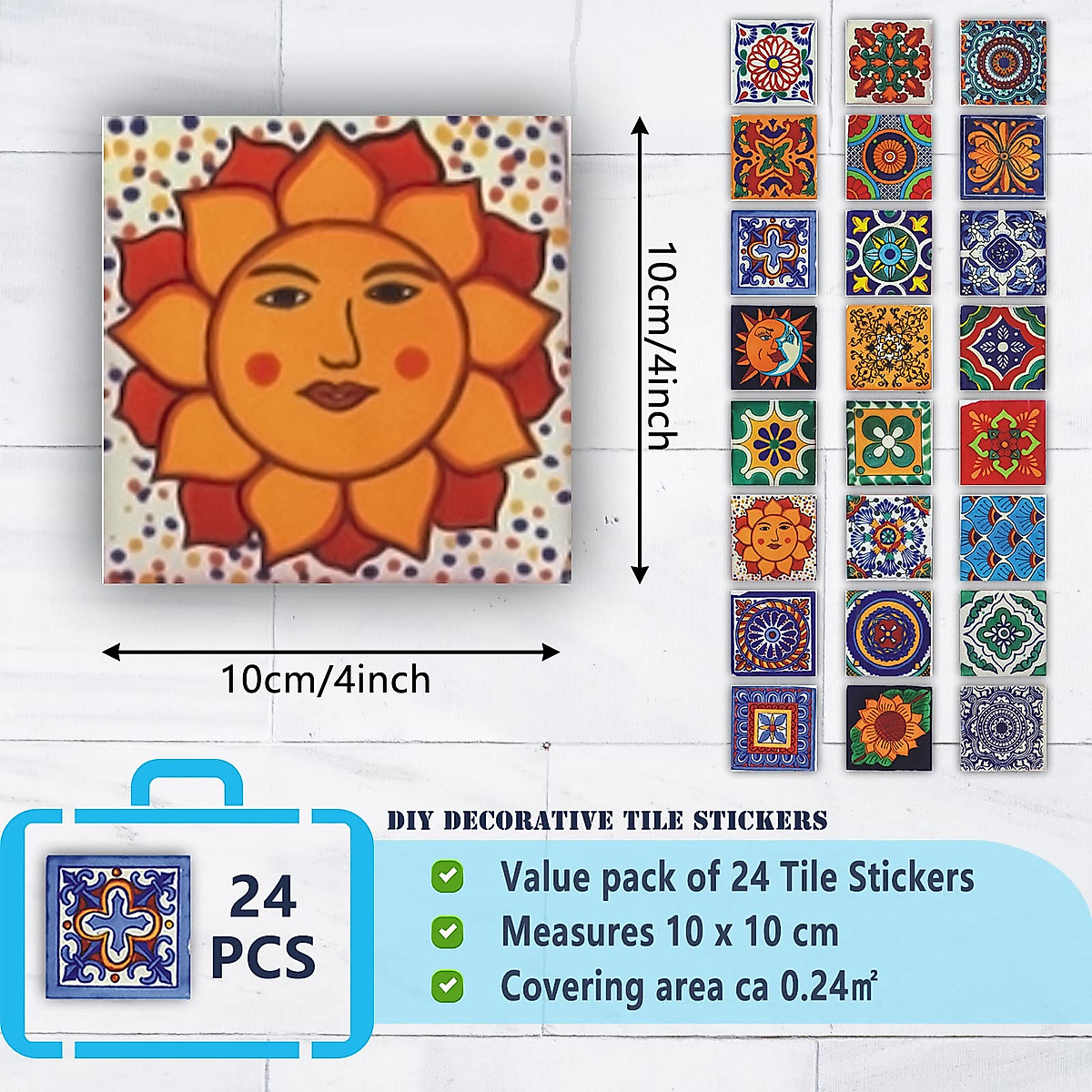 Cendray 24Pcs Tile Stickers Wall Decor Bathroom Kitchen Wall Sticker Waterproof PVC Decoration Stickers - 2D Sticker with Retro Design in Mosaic Style (4 x 4 Inch)