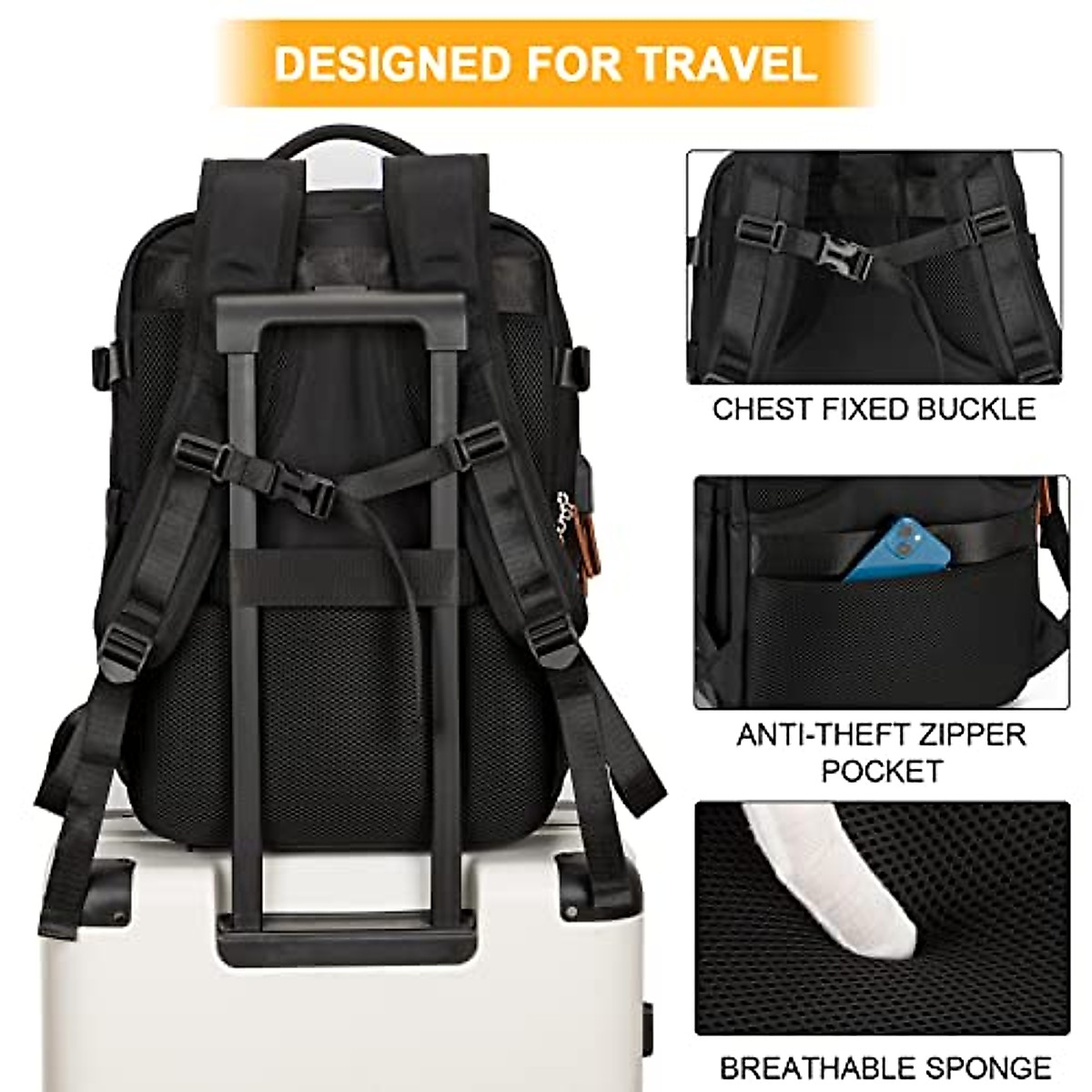 BAGODI Travel Laptop Backpack,15.6 Inch Flight Approved Carry on Backpack,Waterproof Large 40L Hiking Backpack Casual Daypack (Black)