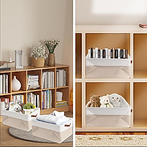 SNWDN 4 Pack Large Fabric Storage Baskets for Organizing Collapsible Fabric Storage Bins with Handles for Organizing,Shelf,Clothes,Home, Office,Nursery(White/Beige 16x12x8 Inches)