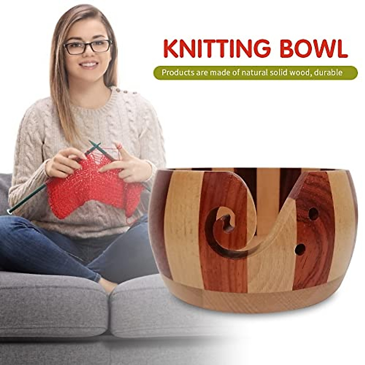 Smala Handmade Knitting Yarn Storage Bowl Crocheted Organizer Bowls Round Wooden Handmade Knitting Accessories,A