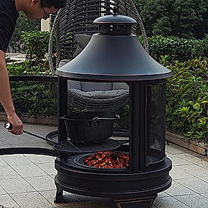 JinKeHong Cast Iron Wood Burning Stove, Wood Cook Stove with Large Firebox with Rain Cover, 3-Speed Adjustable Cast Iron Grill, for Outdoor Patio Home Garden Business