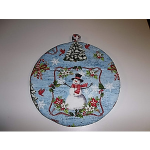Christmas Pot Holders Snowman on Blue Handmade Heat Resistant Double Insulated Quilted Hot Pads 9 Inches Round