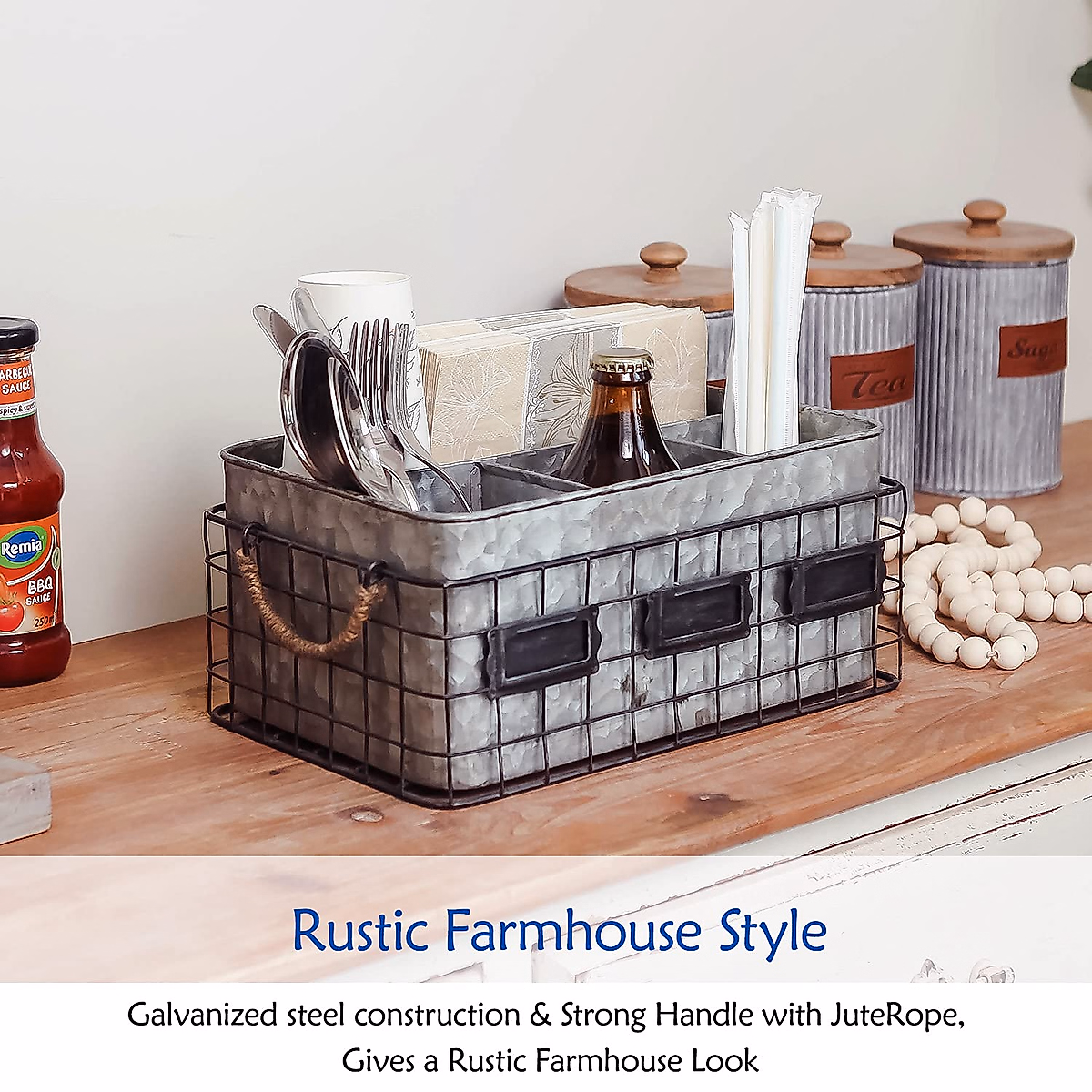 NIKKY HOME Utensil Caddy for Parties, Farmhouse Flatware Caddy for Countertop, Rustic Galvanized Silverware Cutlery Caddy with Napkin Holder for Kitchen, Dining, Outdoors, Picnics, Parties - Silver