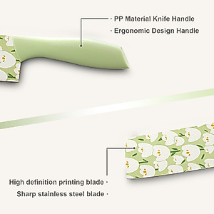 WREWING Kitchen Knife Set, 3 Pieces Green Flower Coated Knife Set with Cover, Stainless Steel Non-Stick Chef Knives Set with Ergonomic Plastic Handle, Lightweight Kitchen Knives for Mother Women Girl