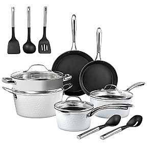 Granitestone 15 Pc Hammered Kitchen Pots and Pans Set Non Stick, Pot and Pan Set, Kitchen Cookware Sets, Induction Cookware Set, Non Stick Pots and Pan Set with Lids, Pot Set, Dishwasher Safe, White